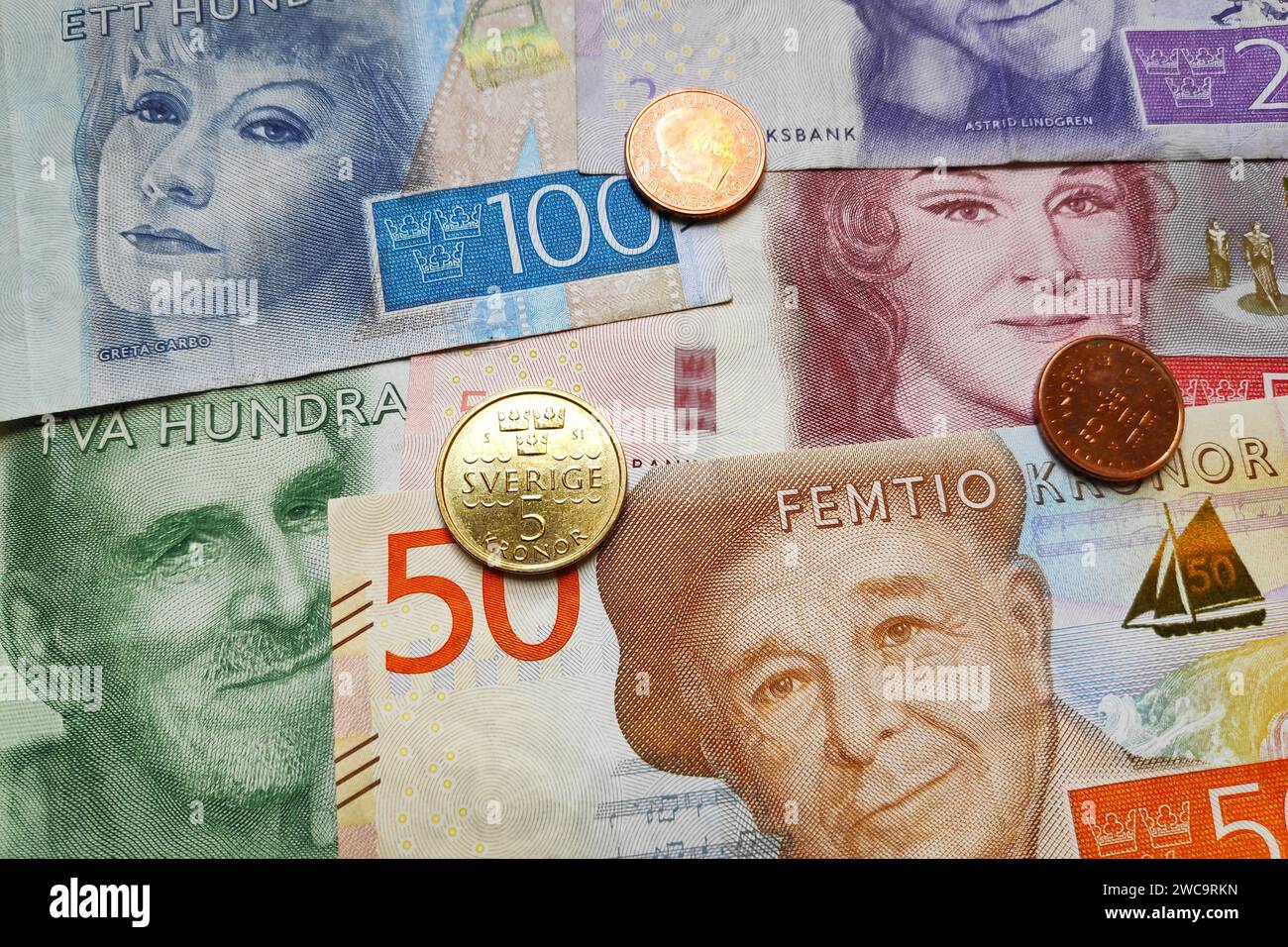 Stack of Swedish krona banknotes and coins as background Stock Photo ...