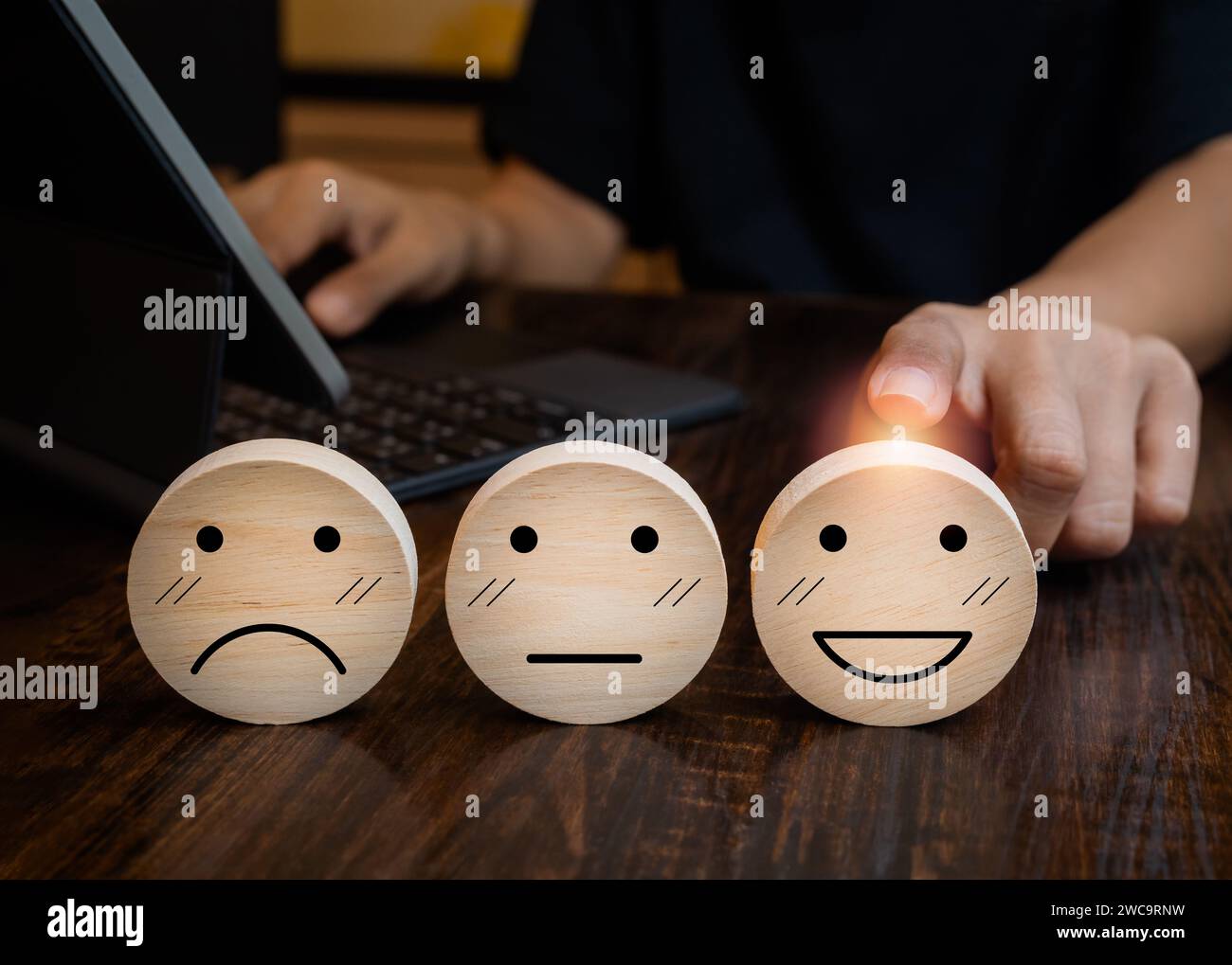 Customer review, ratings, satisfaction, survey concepts. Happy smile ...