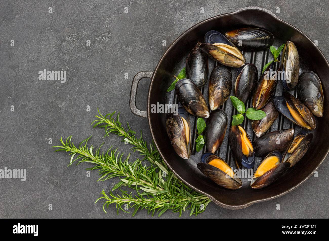 Shellfish Mussels in frying pan. Rosemary and lemon on table. Shellfish ...