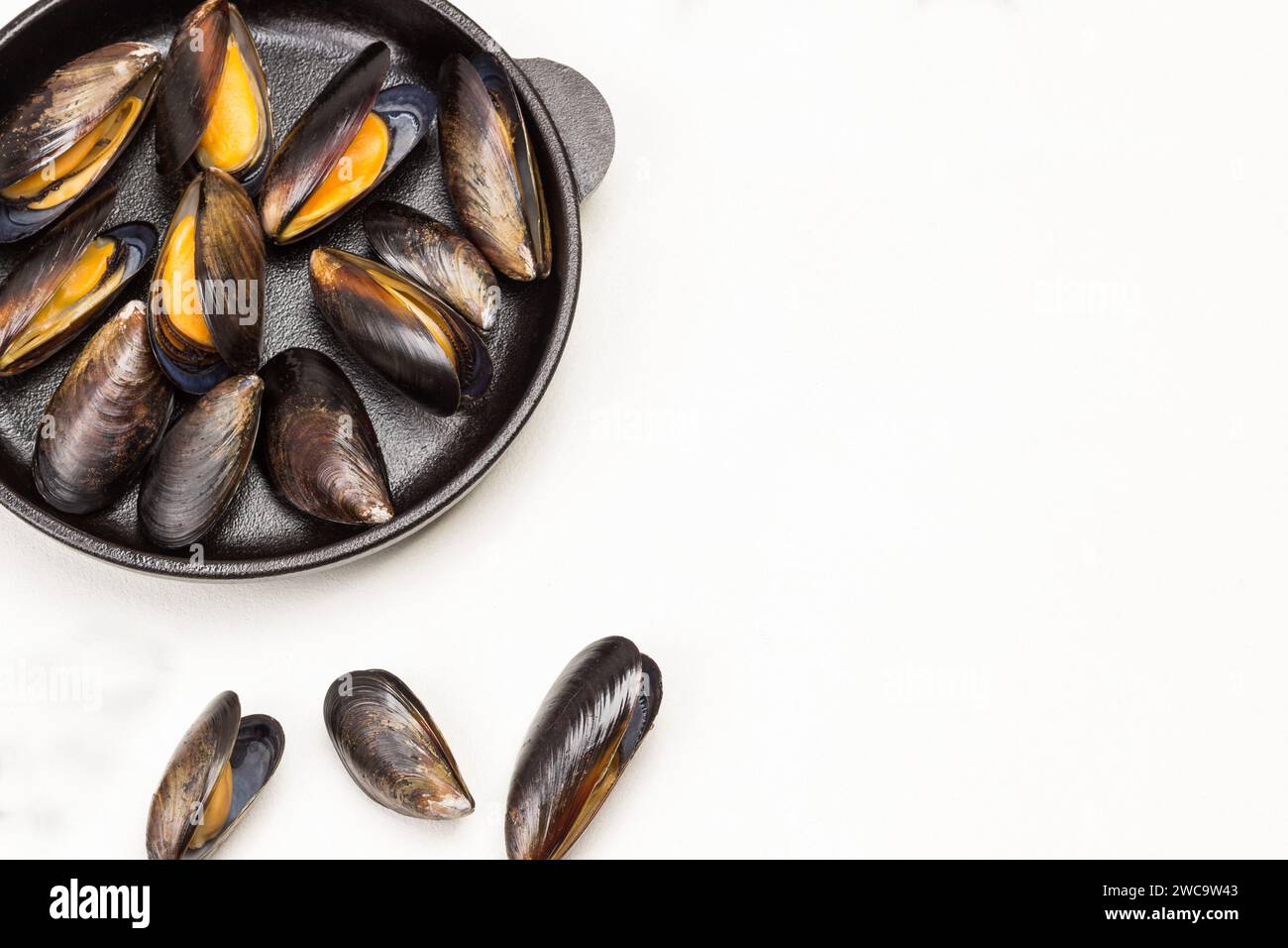 Shellfish Mussels in frying pan. Mussels are scattered on table. Copy ...