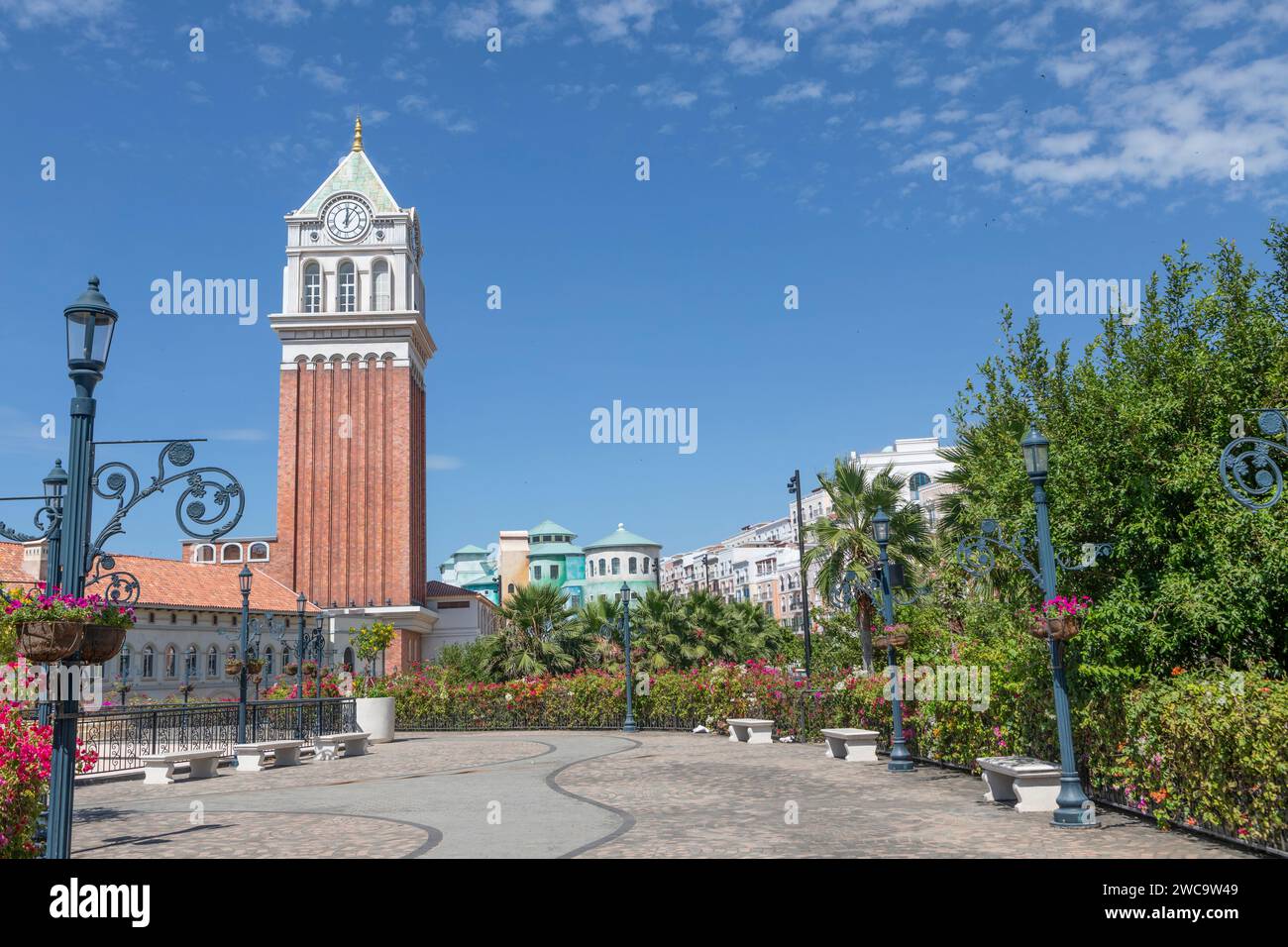A clock tower in the deserted Sunset Town on Phu Quoc Island, Vietnam ...