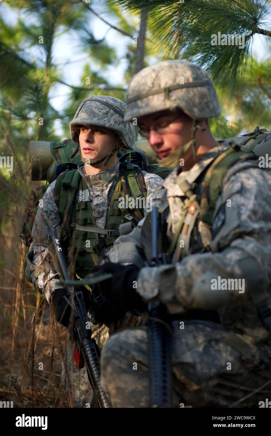 Soldiers patrol through the woods during a field training exercise ...