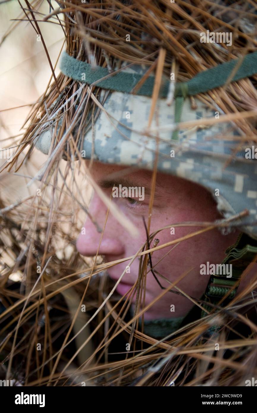 A solider uses brush and twig as concealment during ambush training ...
