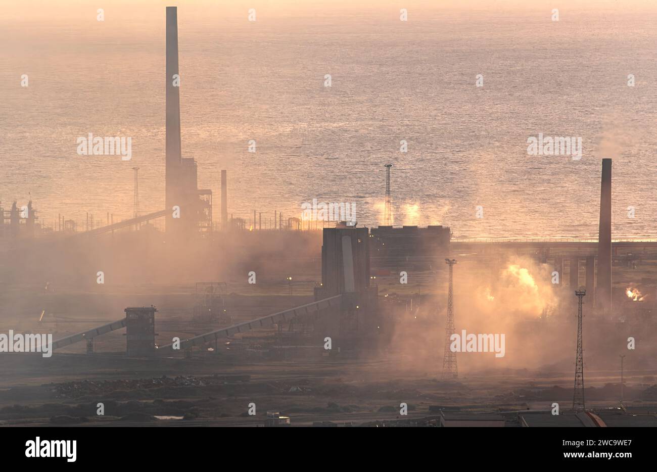 Port Talbot Swansea Wales the steelworks smoke steam and fire by the ...