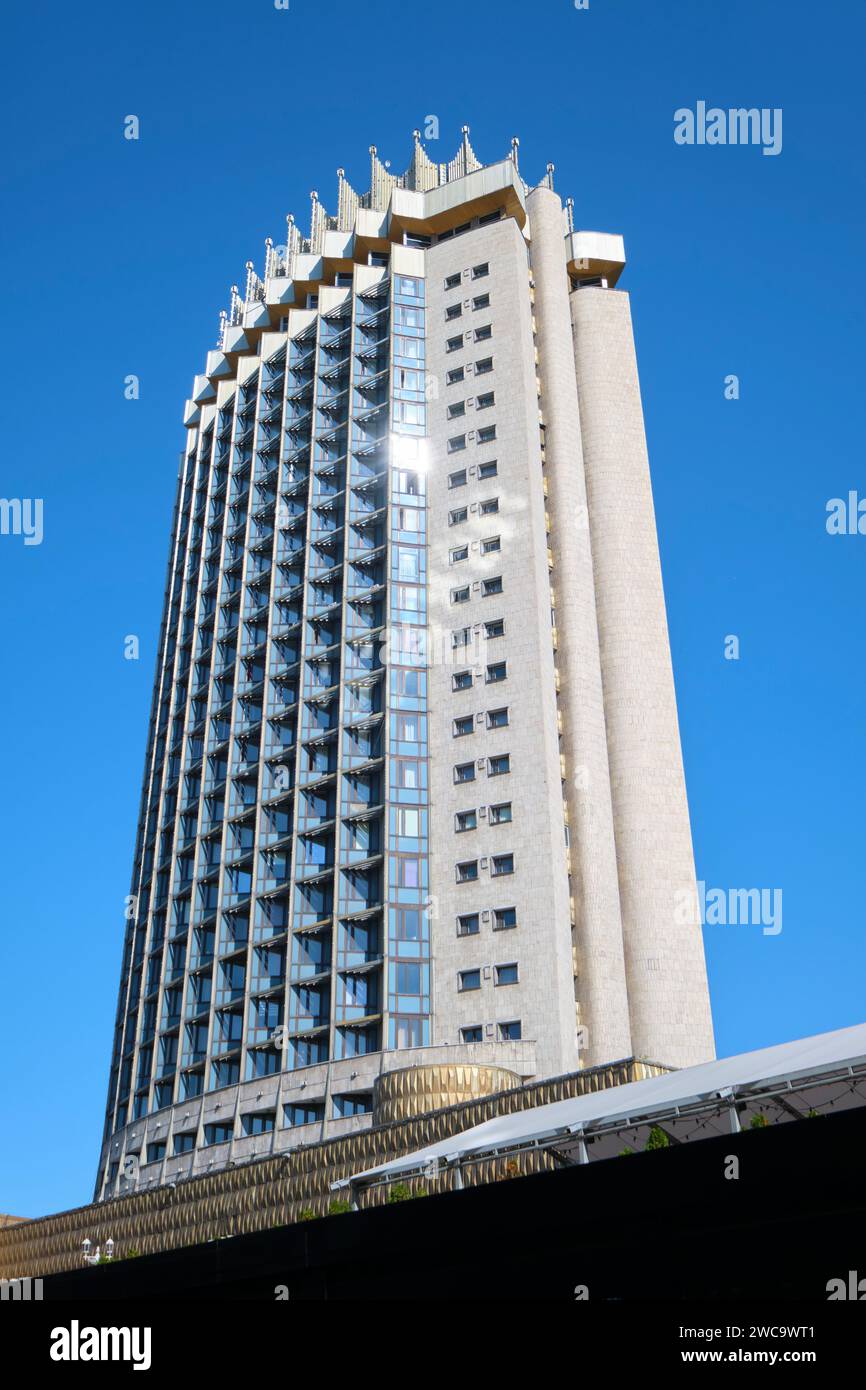 A view of the iconic, 26 floor Hotel Kazakhstan, opened in 1977. It is ...