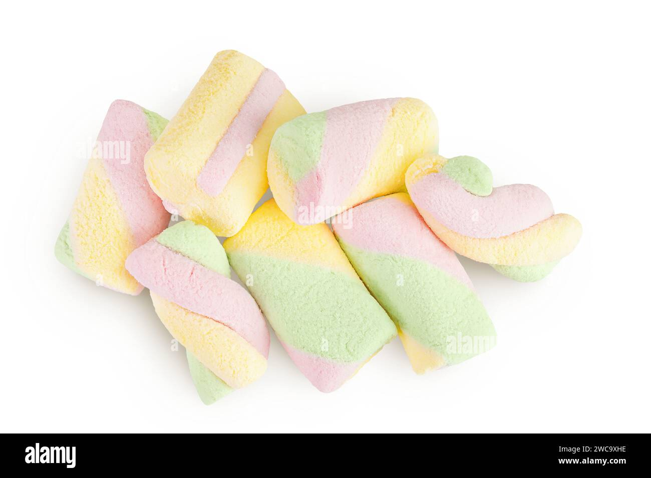 Colorful mini marshmallows isolated on white background with full depth ...