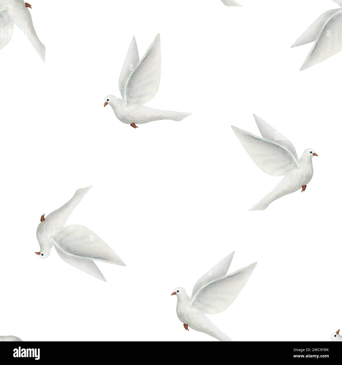 White pigeon bird, flying doves of peace watercolor seamless pattern on ...