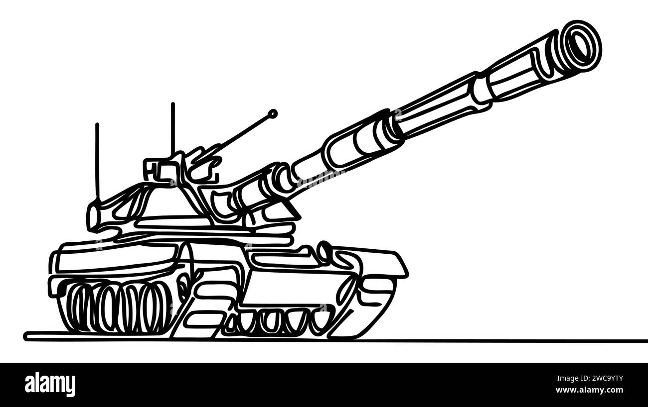 Single one line drawing children's toy battle tank. Green tank, armored ...