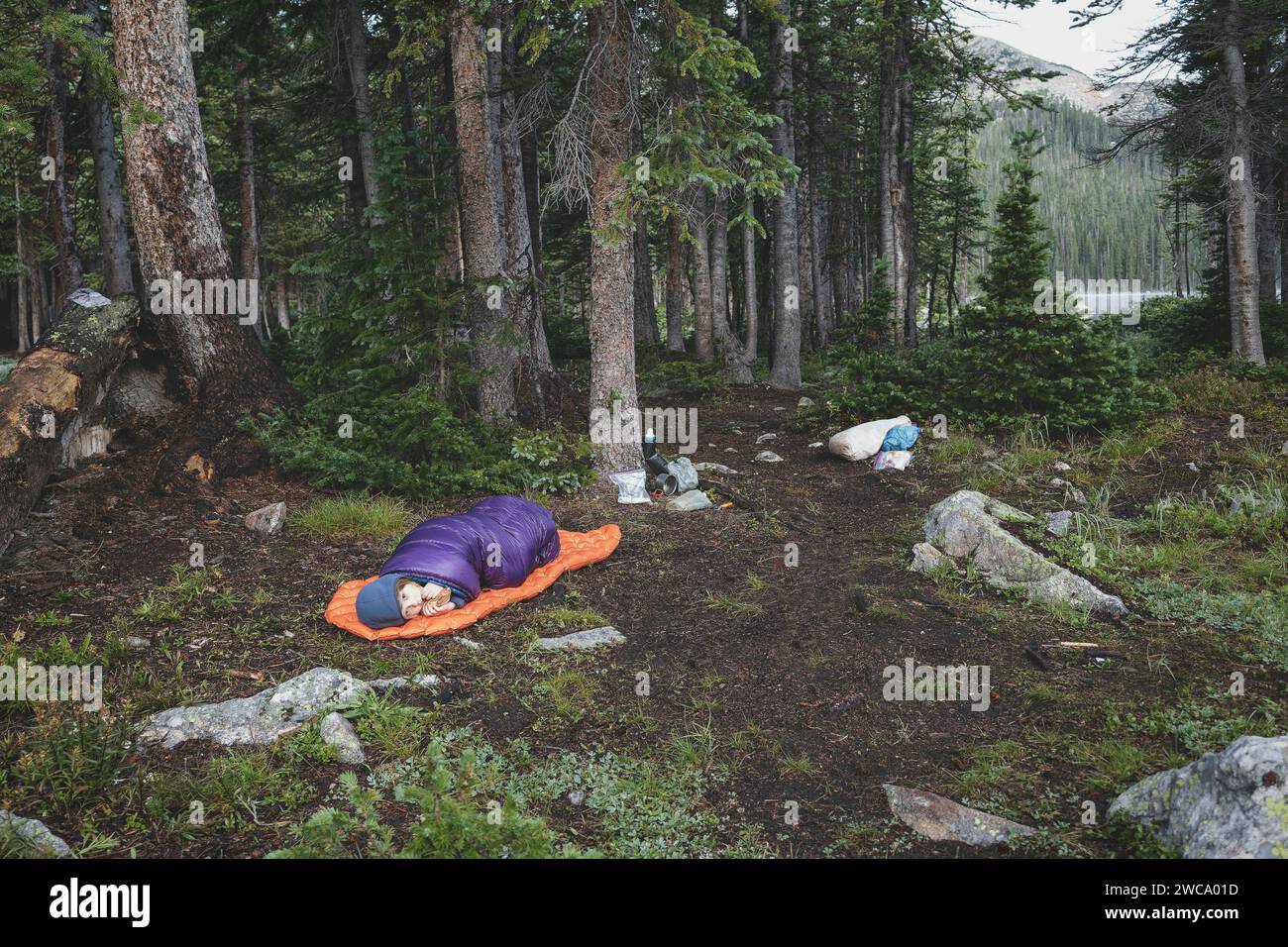 Young girl resting in sleeping bag in forest wilderness Stock Photo - Alamy