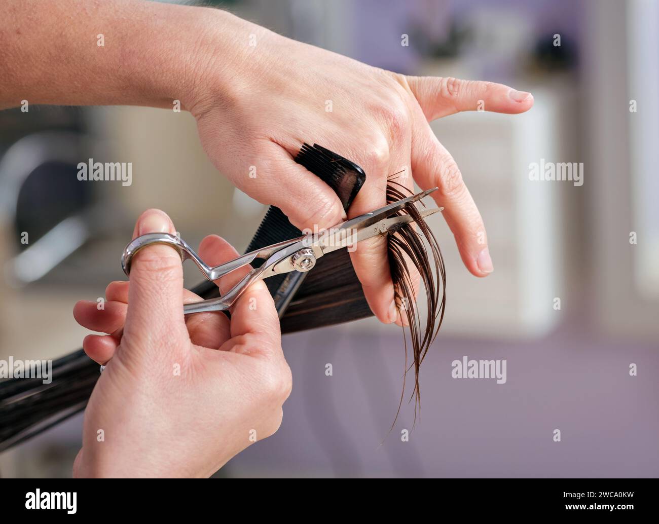 Closeup of crop anonymous female hairdresser using scissors while ...