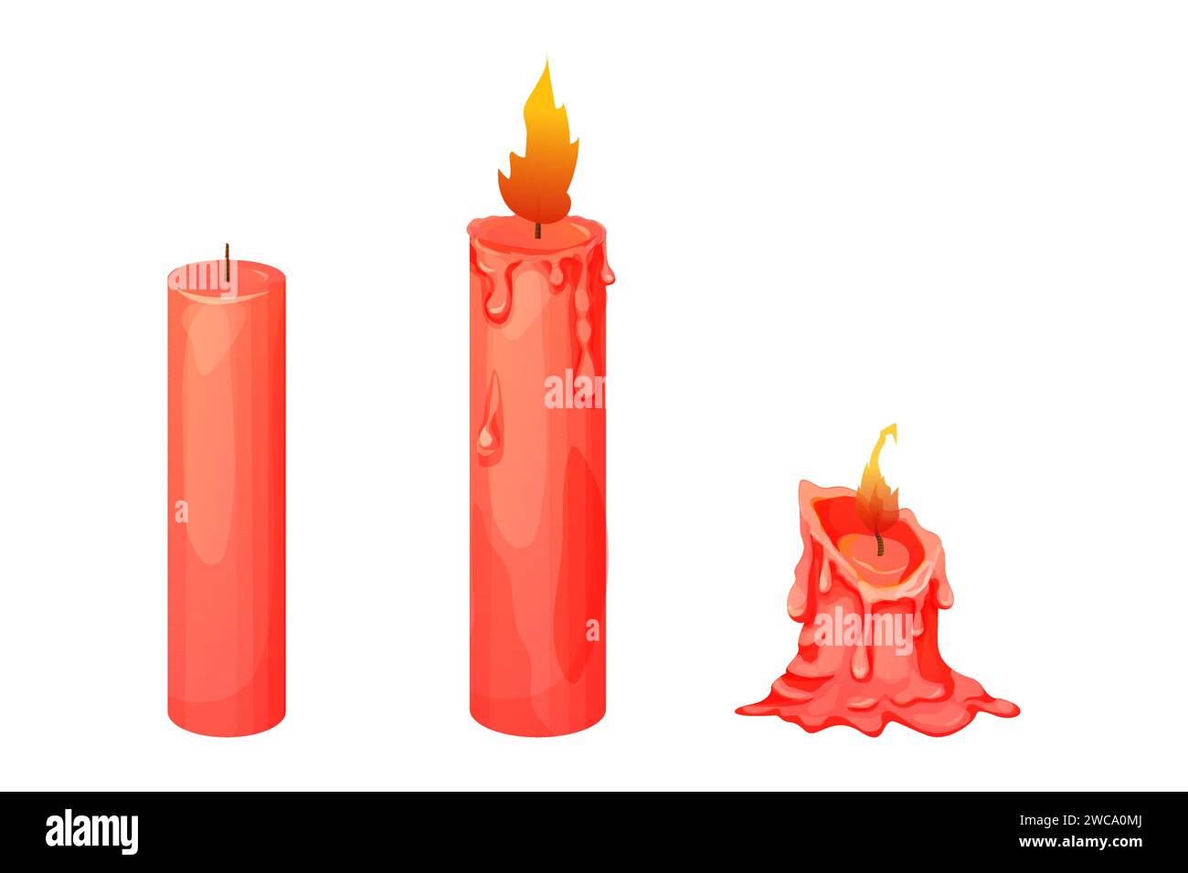 Set red wax candle stages burning with fire, flame in cartoon style ...