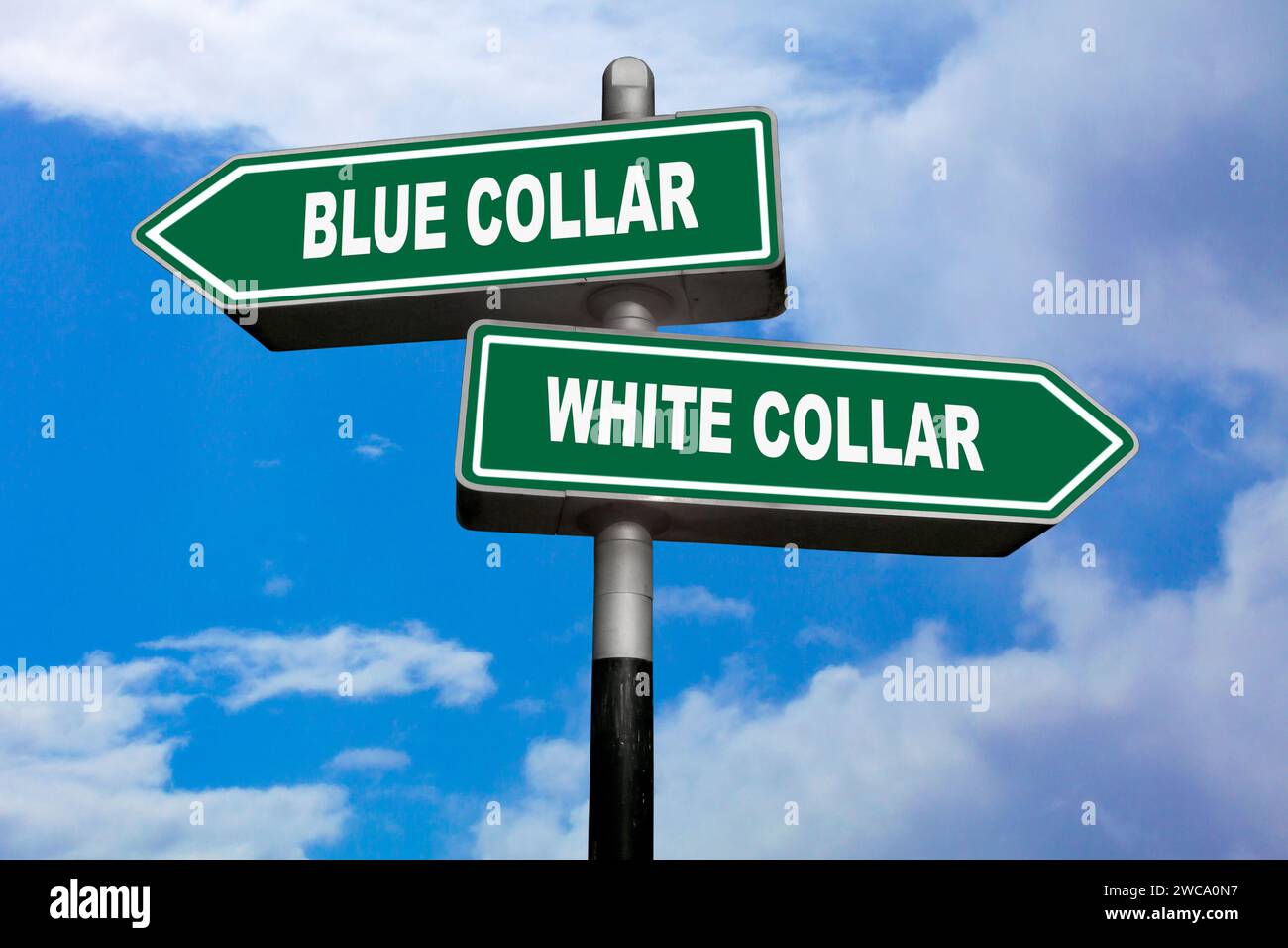 Two direction signs, one pointing left (Blue collar), and the other one ...