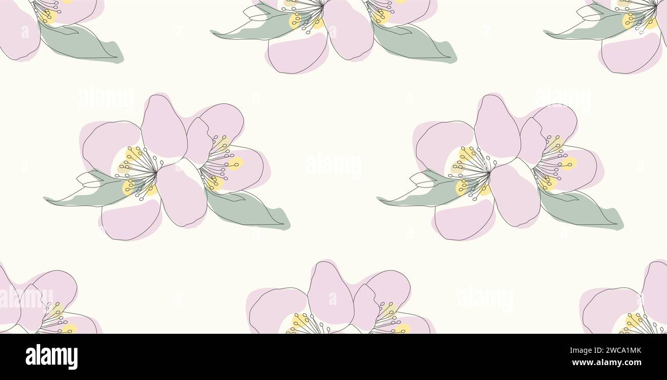 Line art Apple tree blossom, Vector seamless pattern. Endless Spring ...