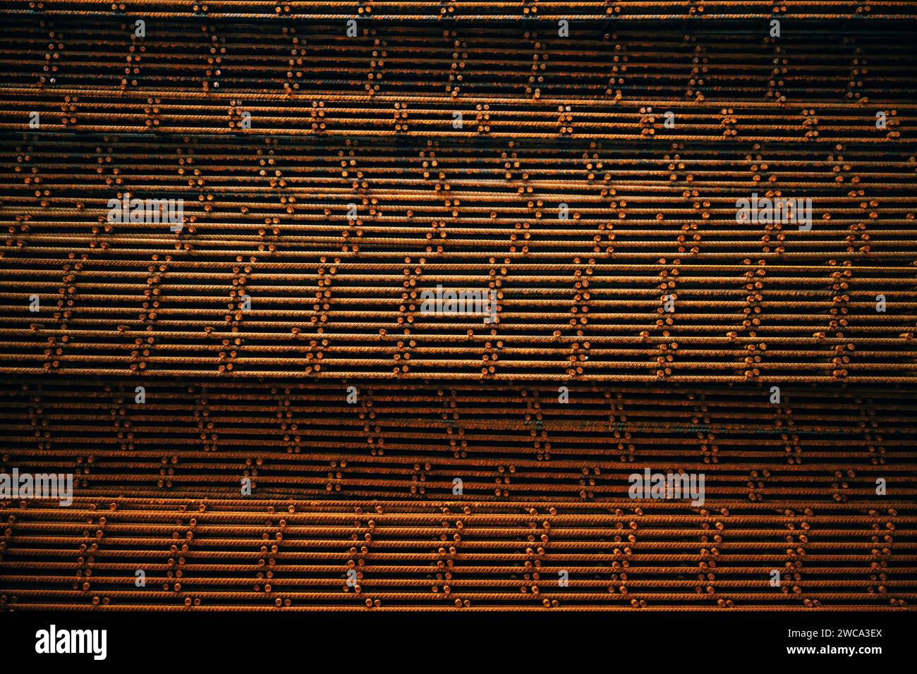 Rebar stack, reinforced steel bars at construction site, selective ...