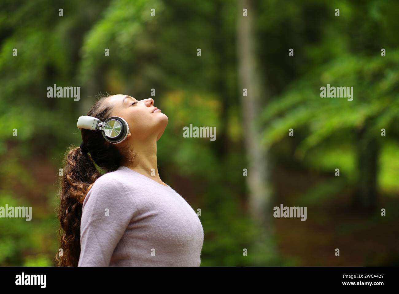 Profile of a woman meditating listening audio guide with headphone in a ...