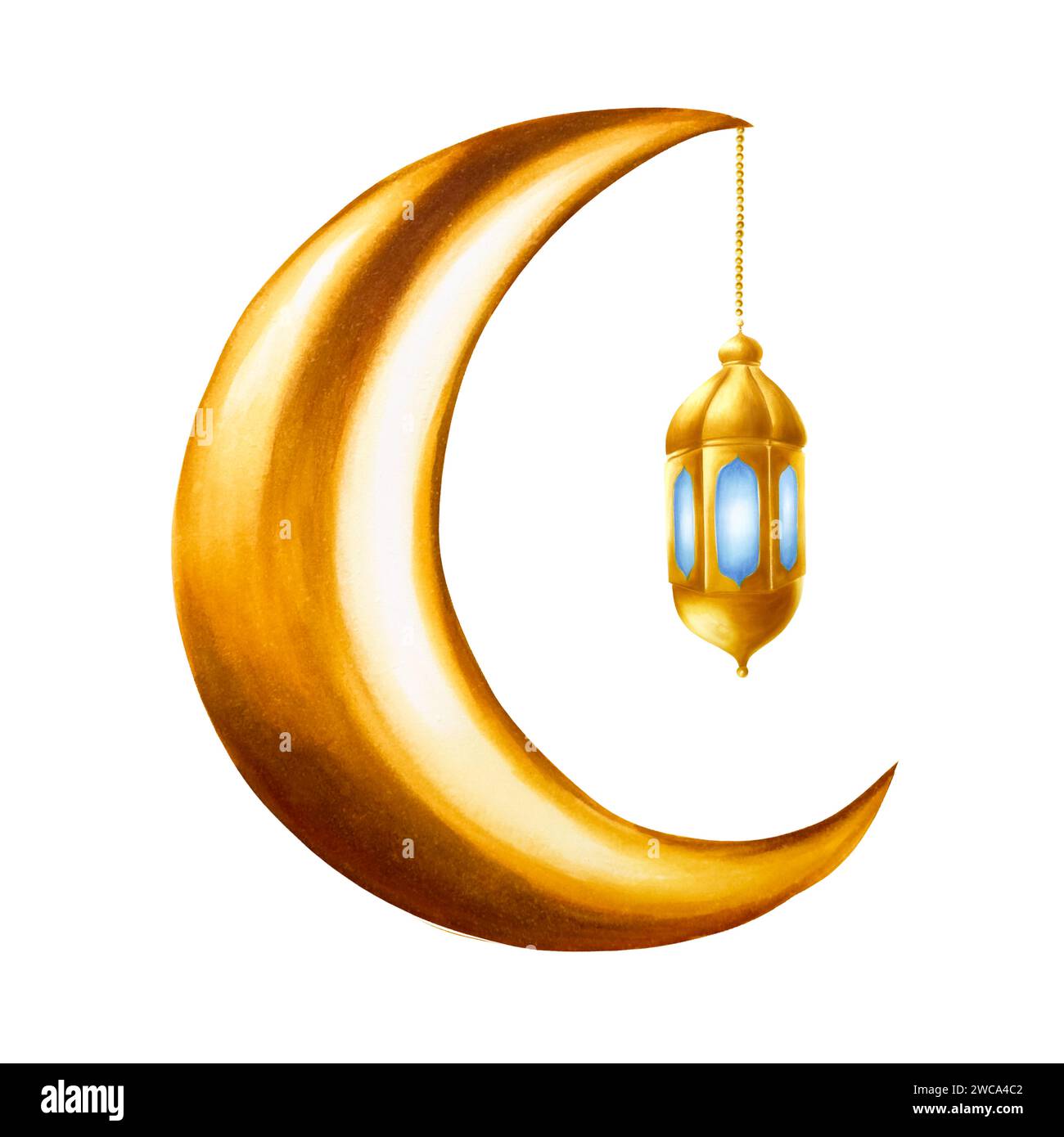 Watercolor illustration of Islamic arabian golden crescent moon with ...
