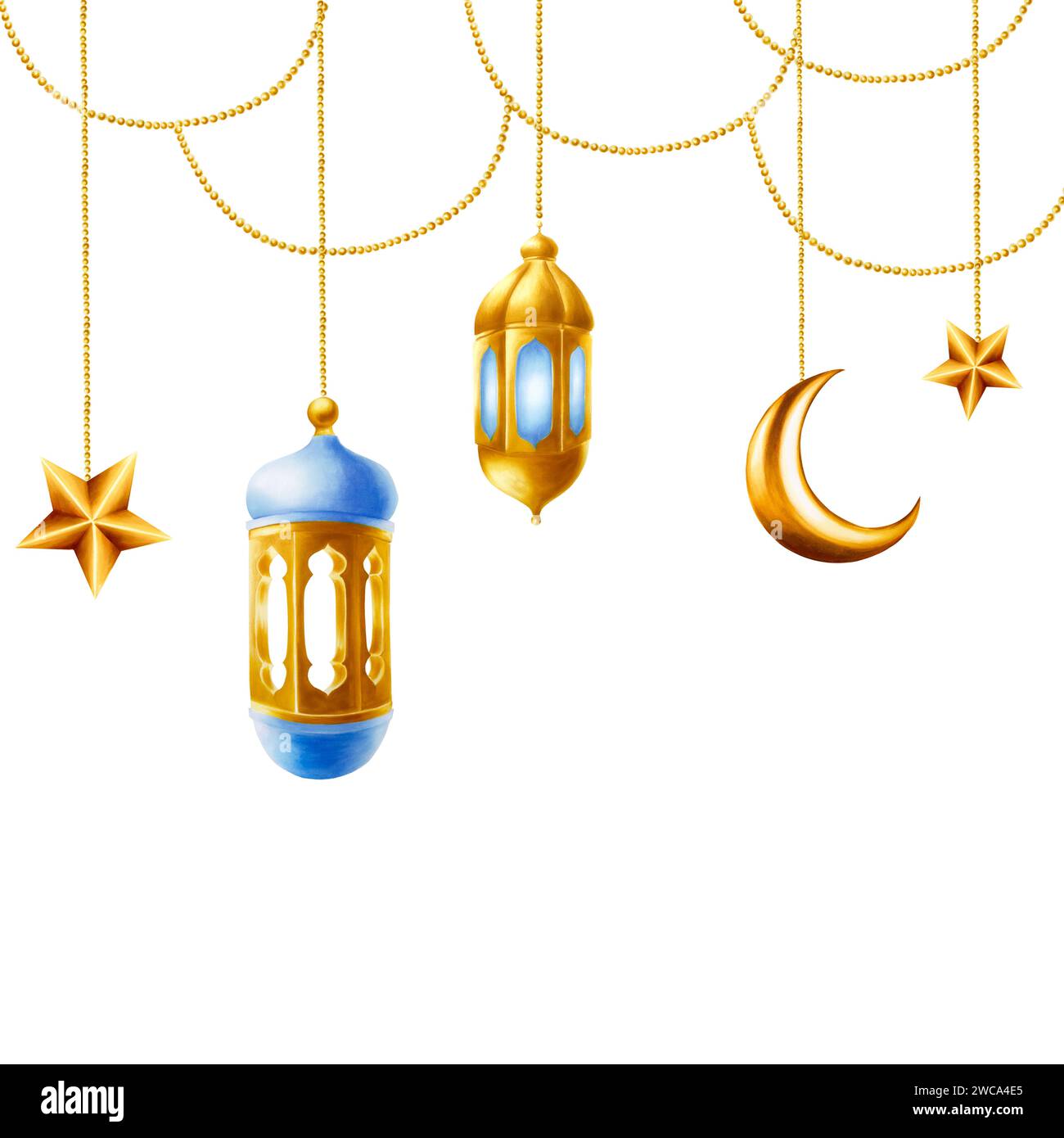 Watercolor Islamic arabian frame with golden crescent moon, stars and ...