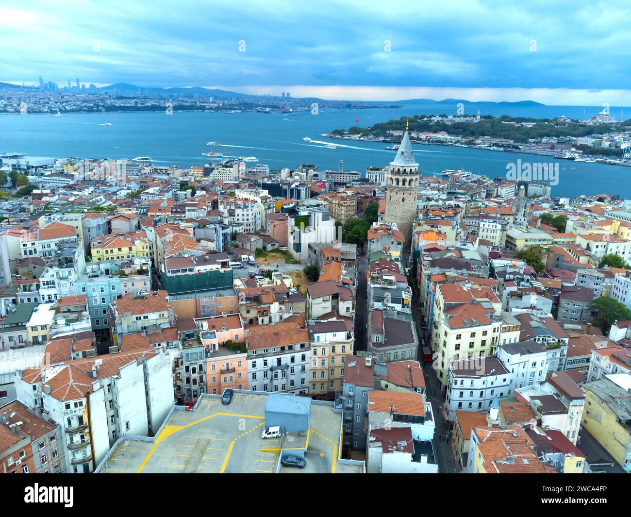 Drone view of the Galata Tower, historical center of Istanbul ...