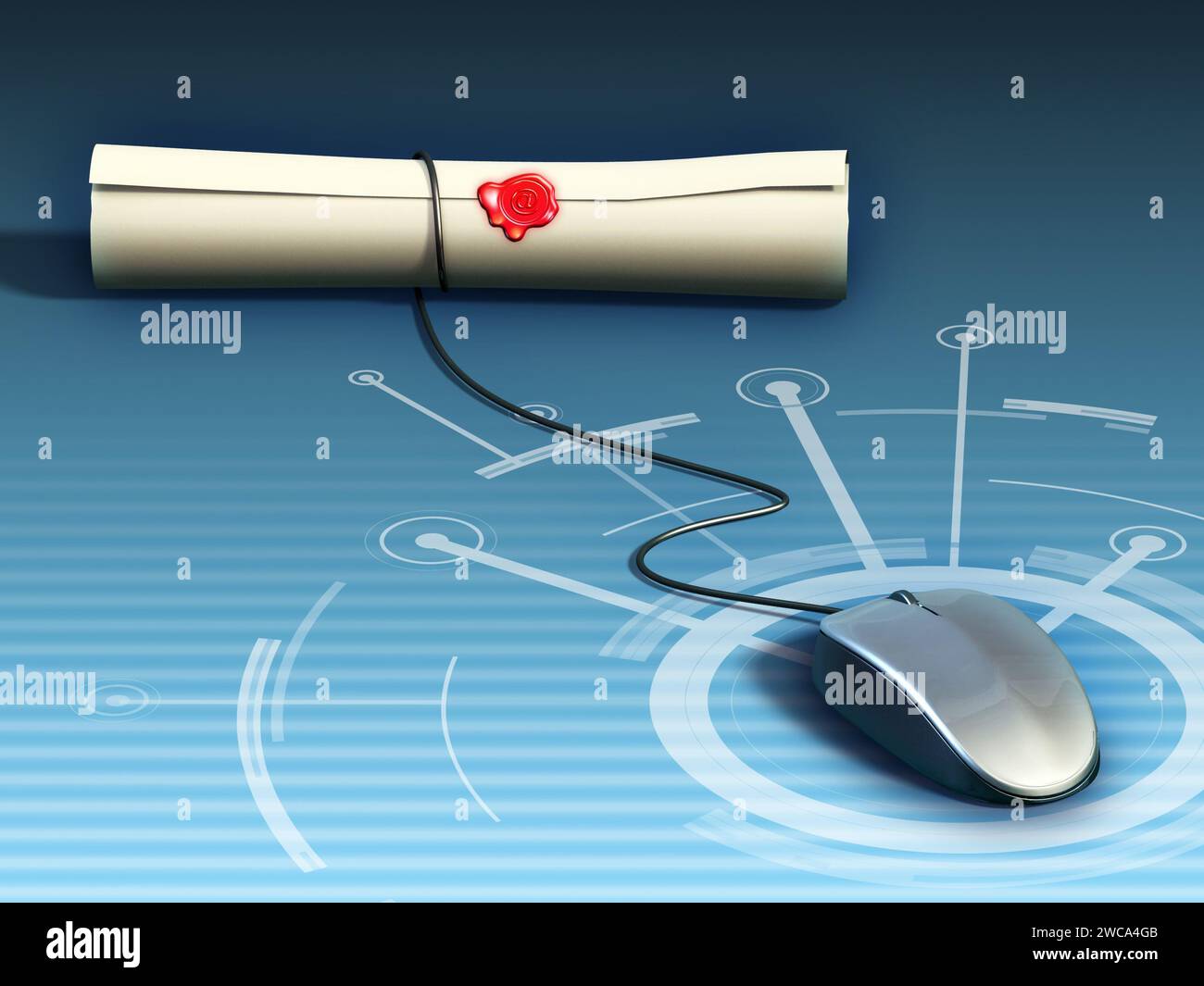 Conceptual image showing a mouse whose wire is tied to a sealed diploma ...