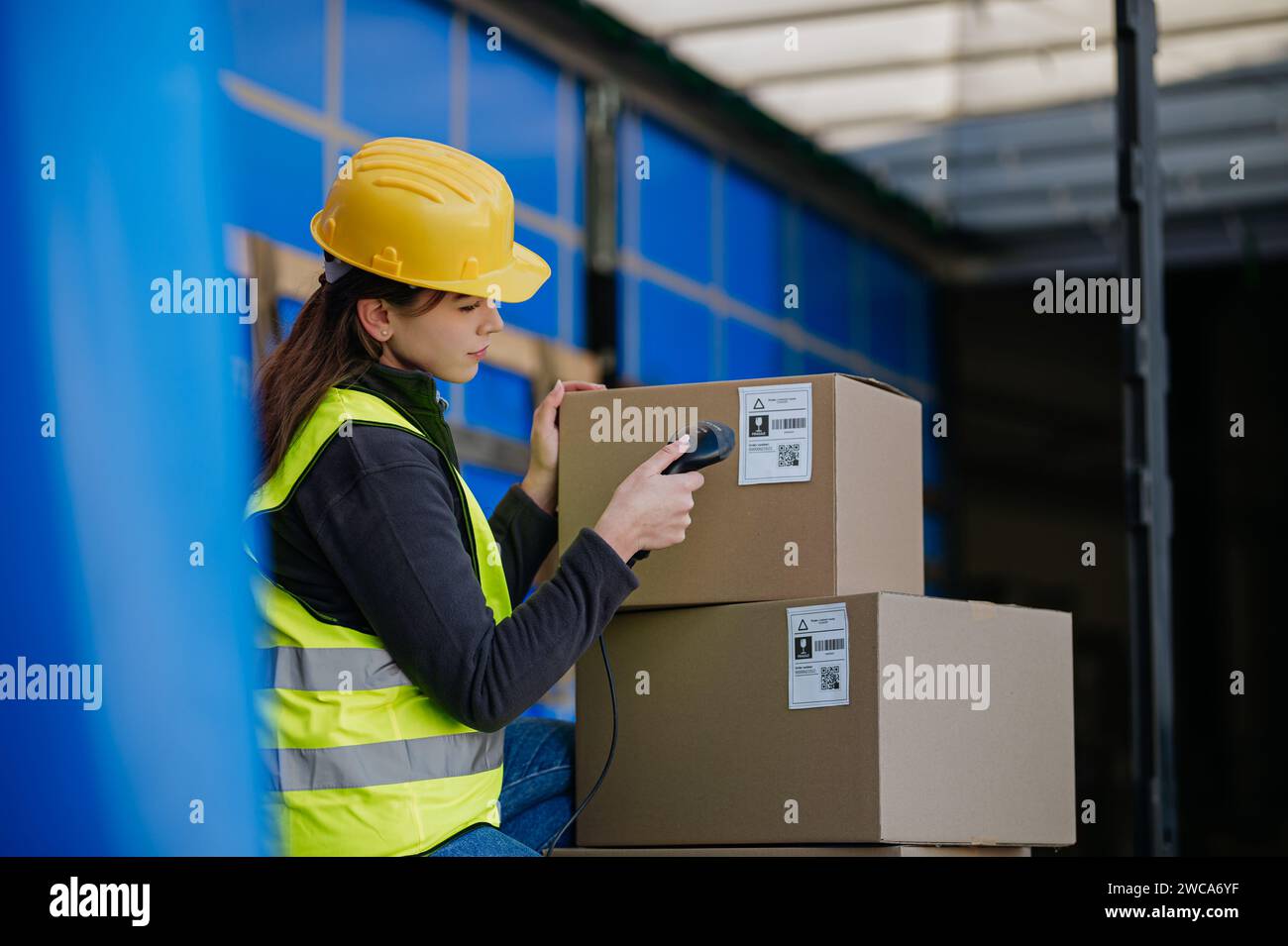 Warehouse receiver kneeling inside of truck in cargo area, trailer ...
