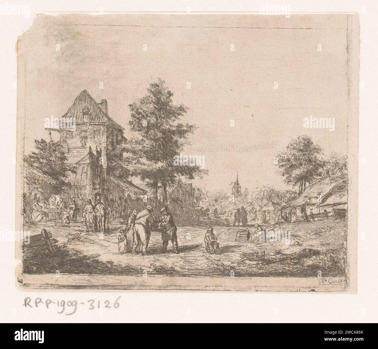 Village face with many people on the street and a church in the ...