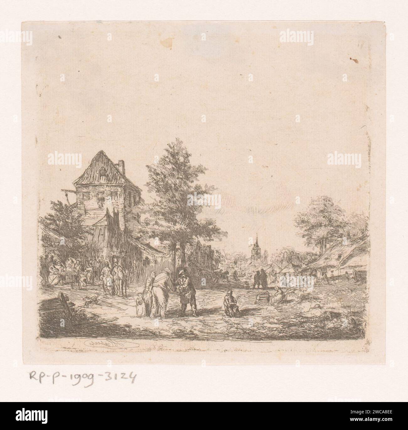 Village face with many people on the street and a church in the ...