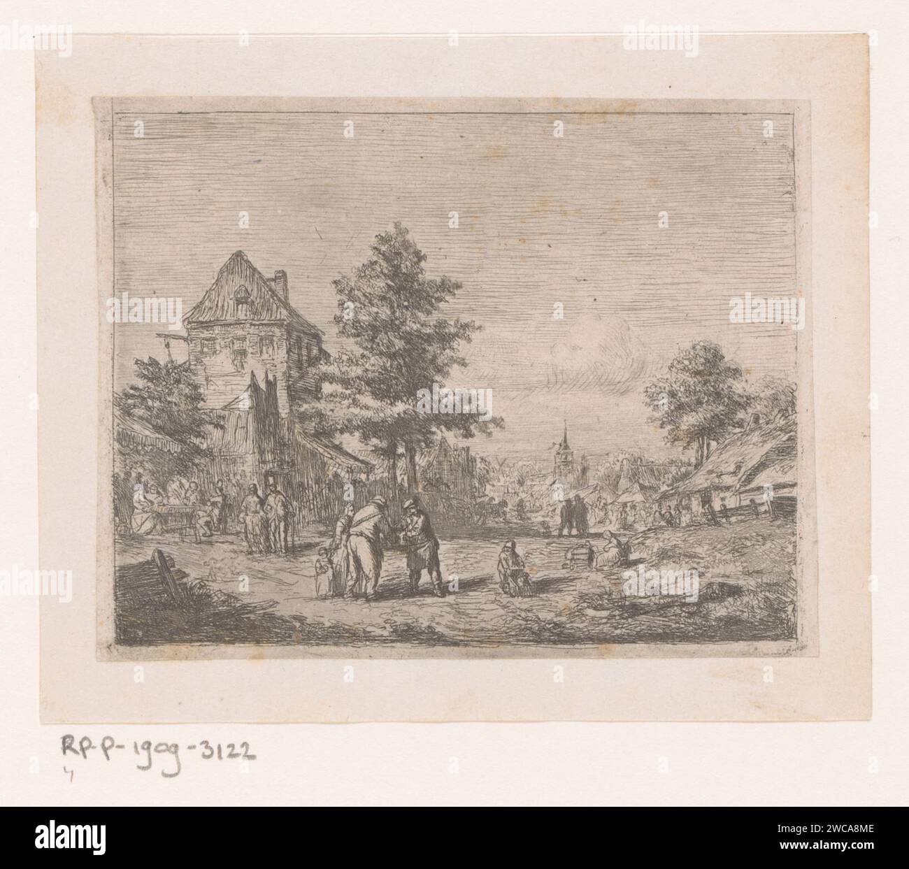 Village face with many people on the street and a church in the ...