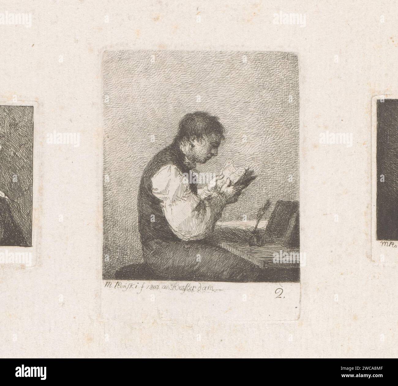 Reading man at a desk, Michał Płoński, 1802 print Amsterdam paper. rope ...
