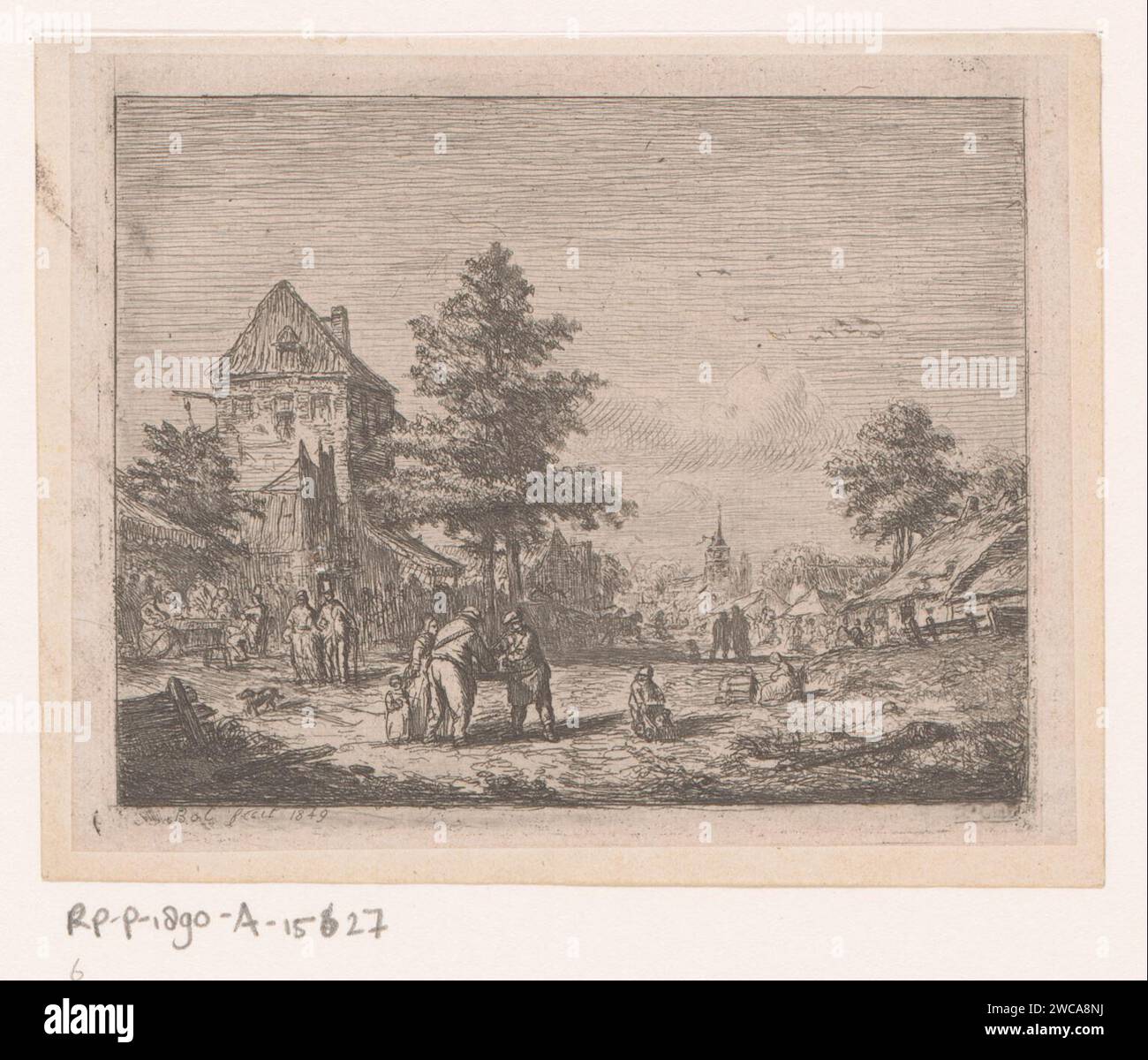 Village face with many people on the street and a church in the ...