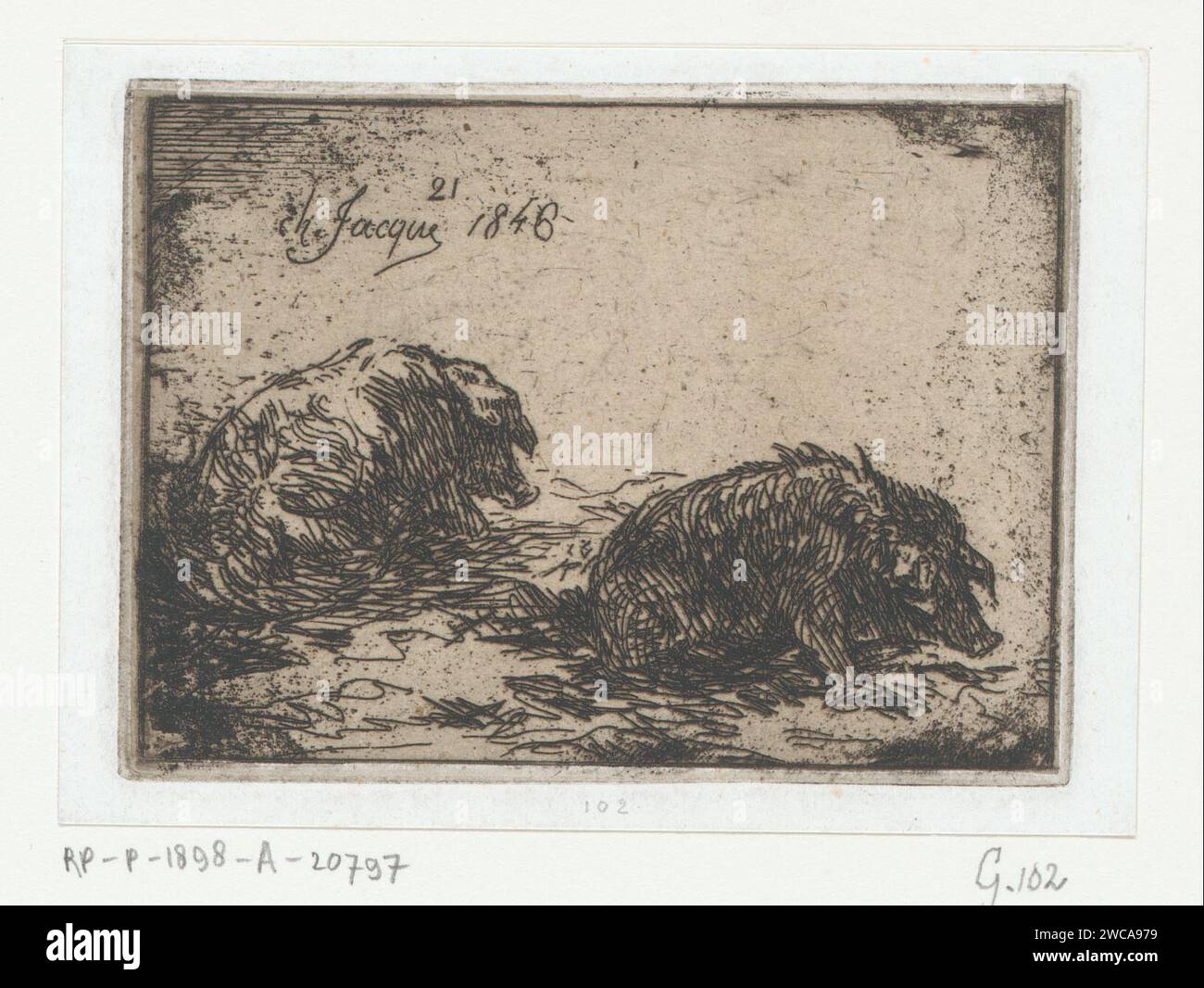 Two lying pigs, Charles Emile Jacque, 1848 print Numbered in the middle ...