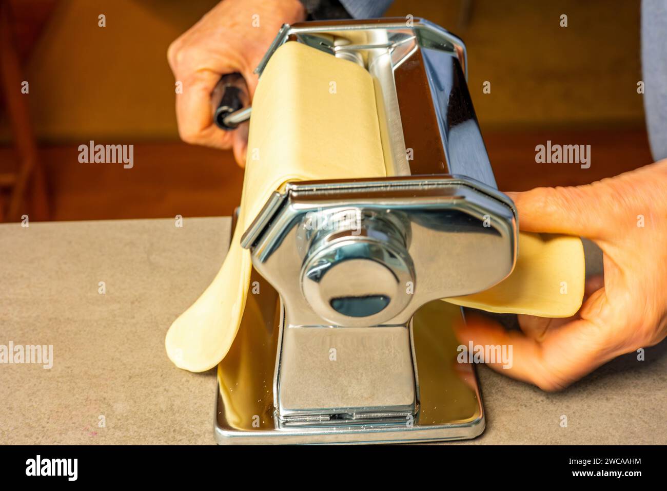 Production of homemade pasta - italian noodles in diy - Close-up of ...