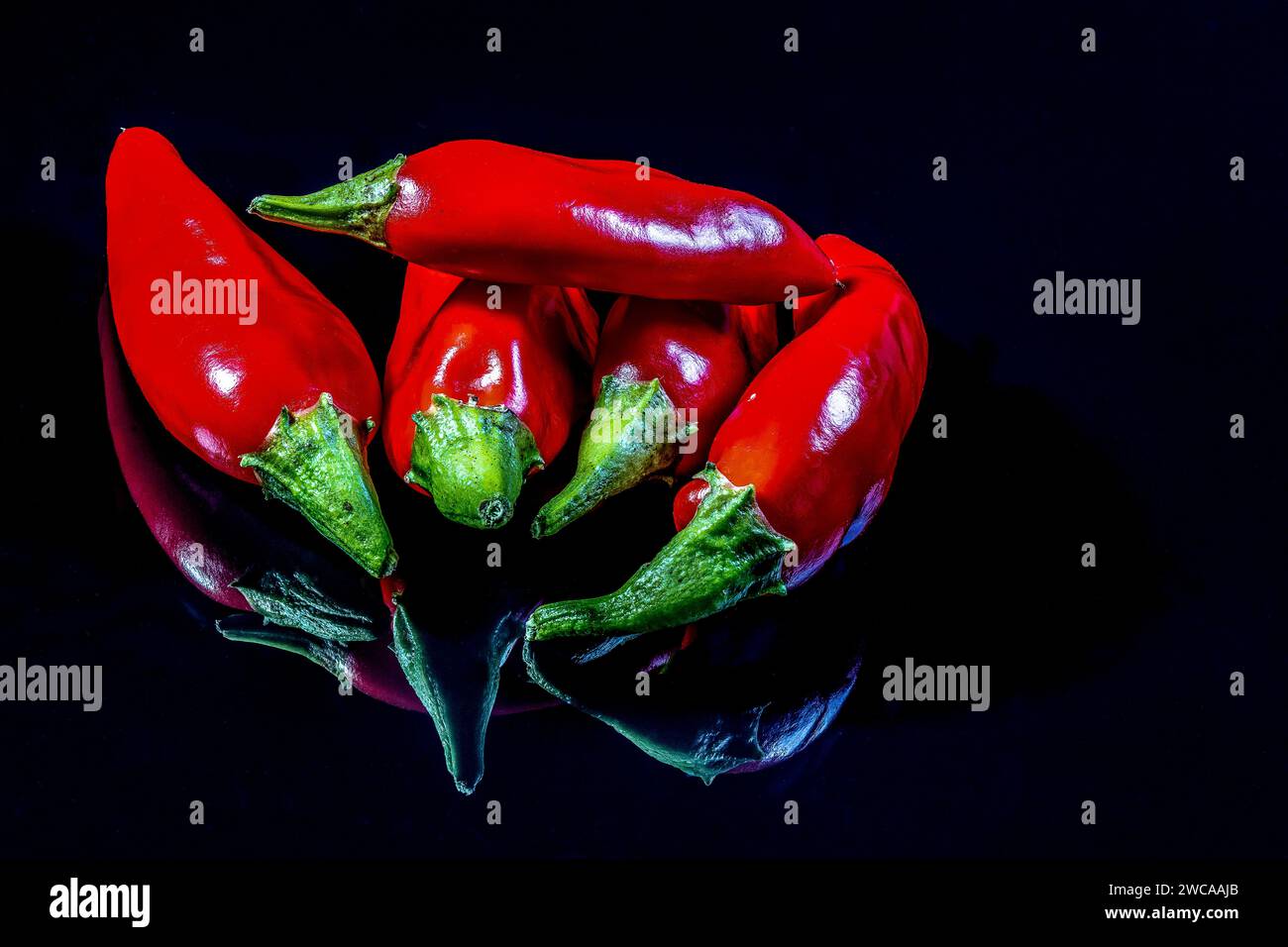 Five ripe red chili peppers isolated on a black reflecting background ...