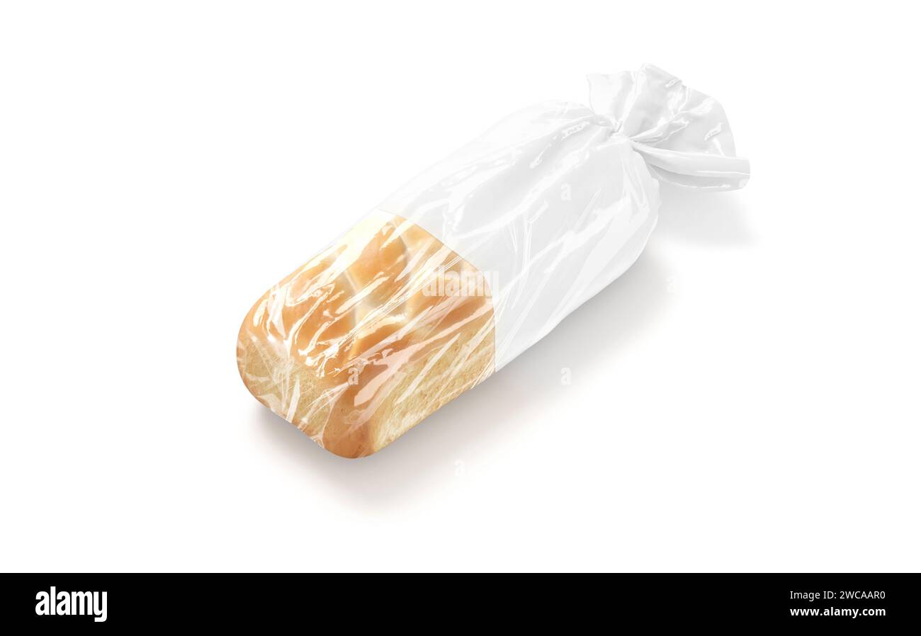 Blank bread in white transparent cellophane pack mockup, side view, 3d ...