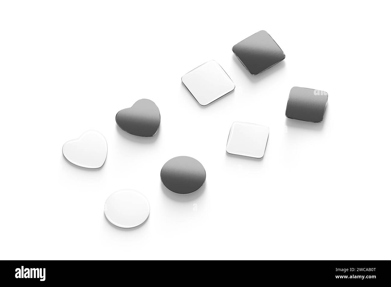 Blank black and white round, square, heart fridge magnet mockup, 3d ...