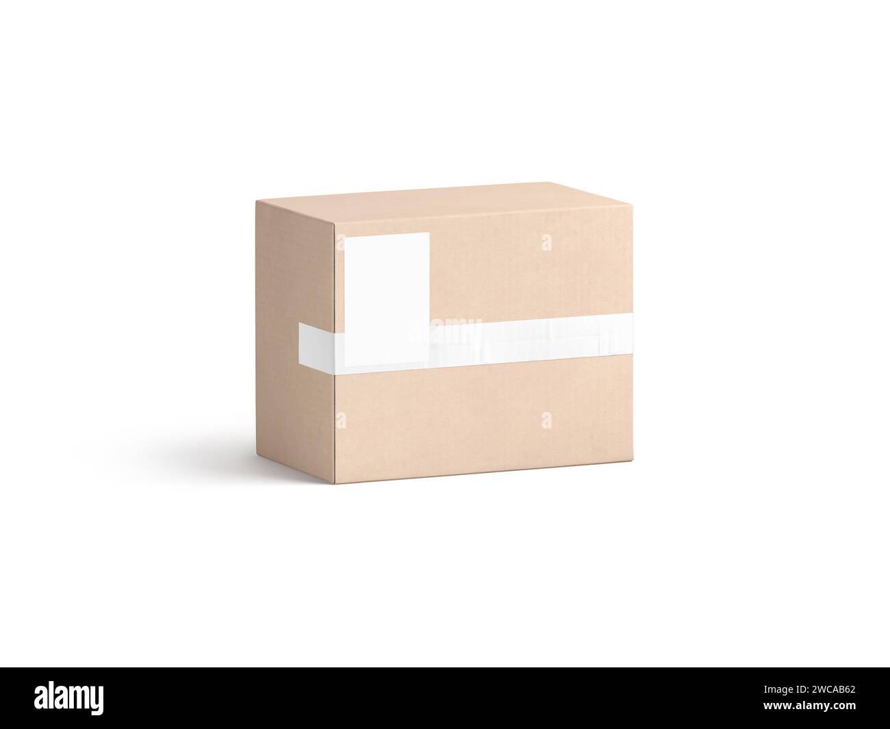 Blank white shipping label on craft box mockup, half-turned view, 3d ...