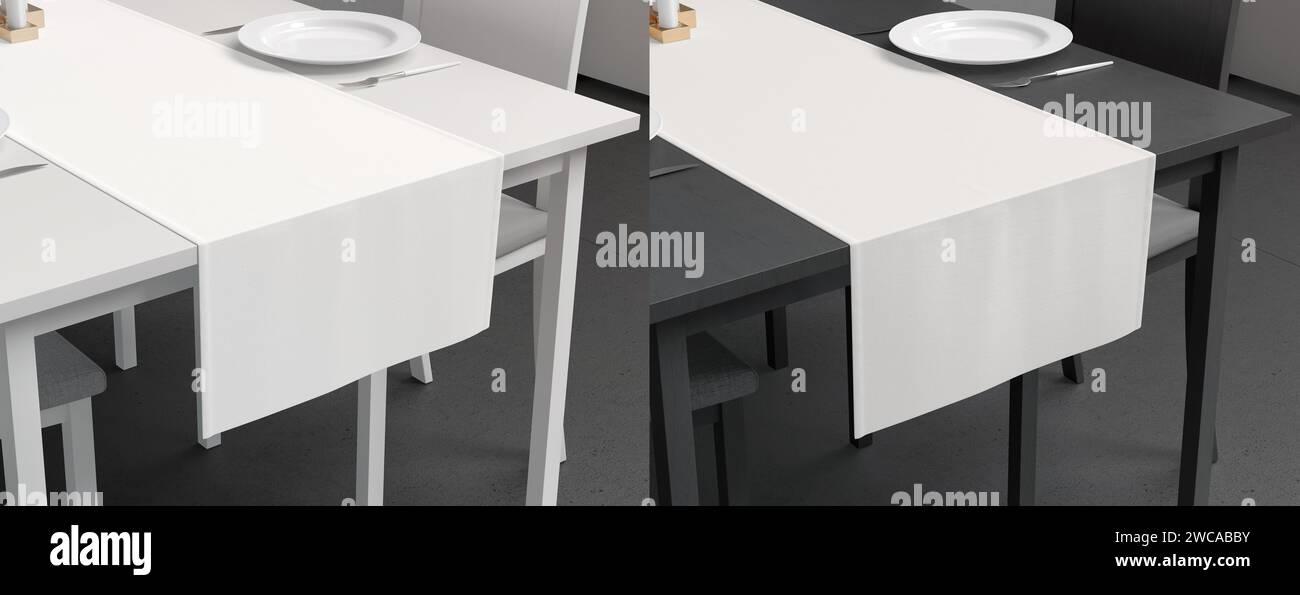 Blank white table runner and dishes mockup crop, interior background ...