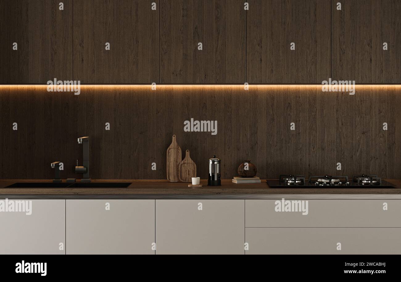 Sleek kitchen design with modern amenities and ambient lighting against ...