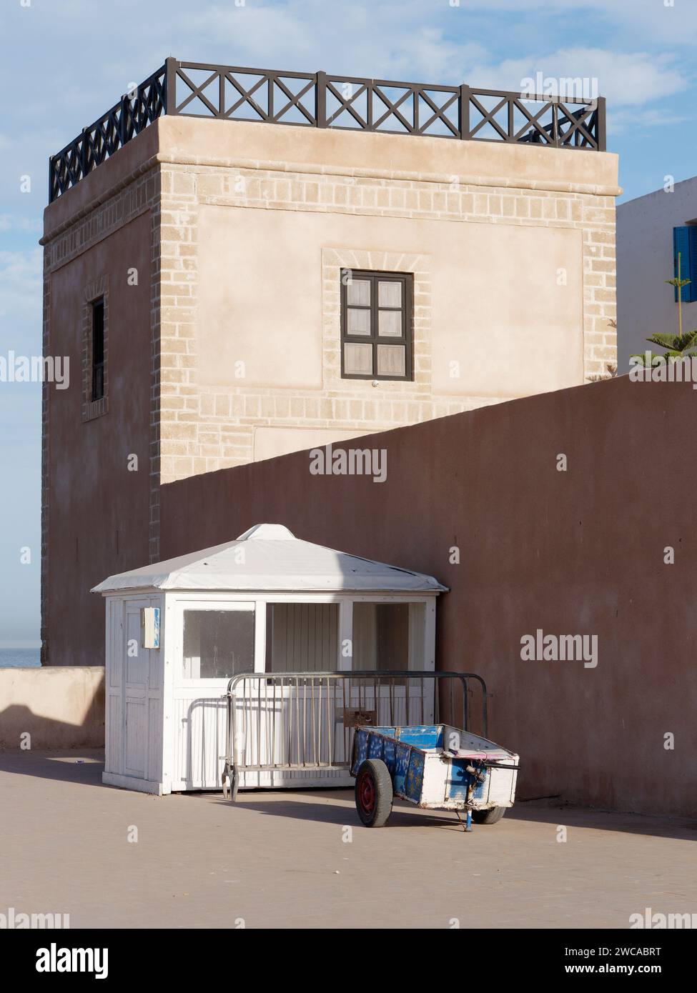 Hand cart near the city walls and white kiosk in Essaouira Morocco, Jan ...