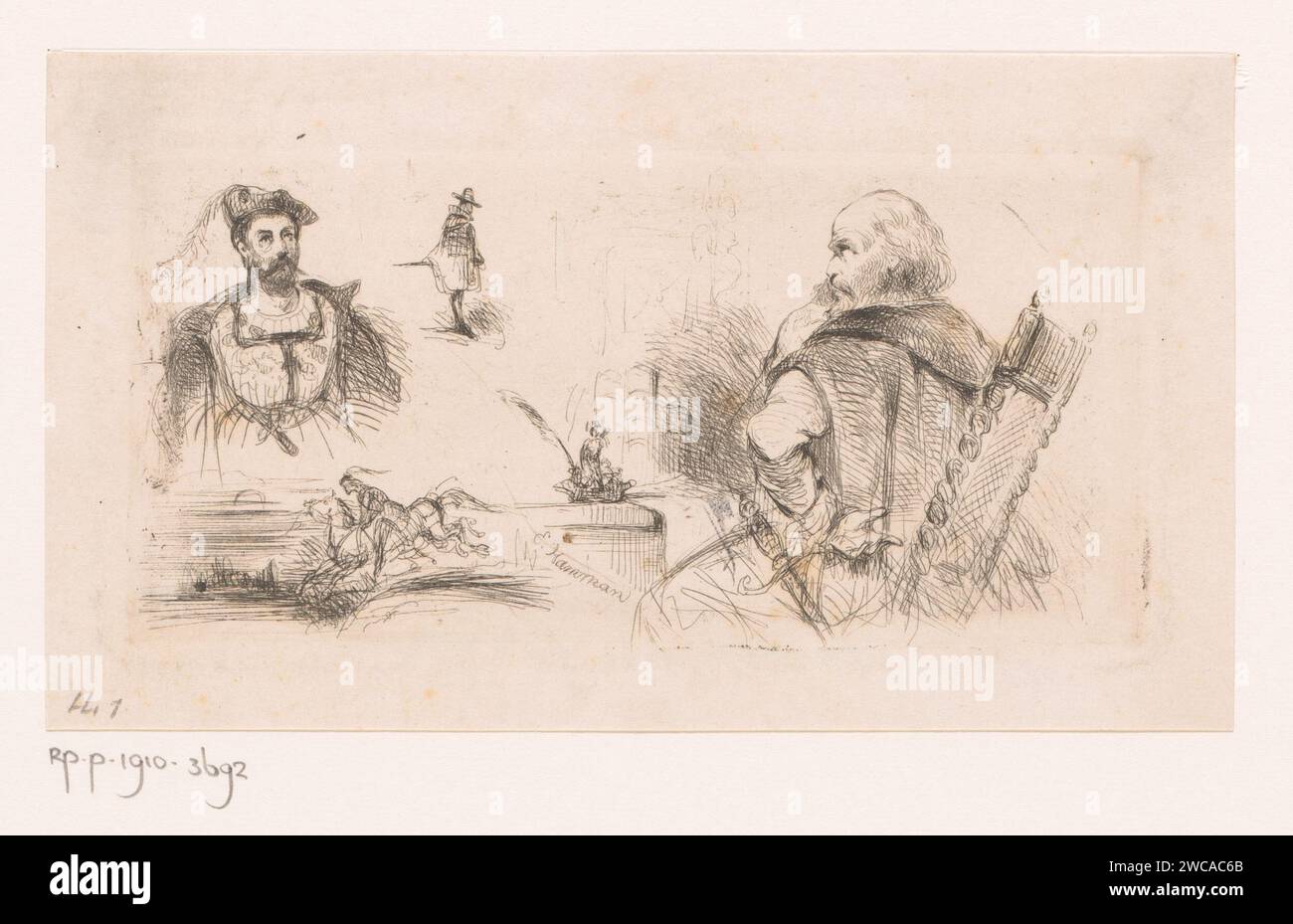 Study sheet with portraits of unknown men and a knight on horseback ...