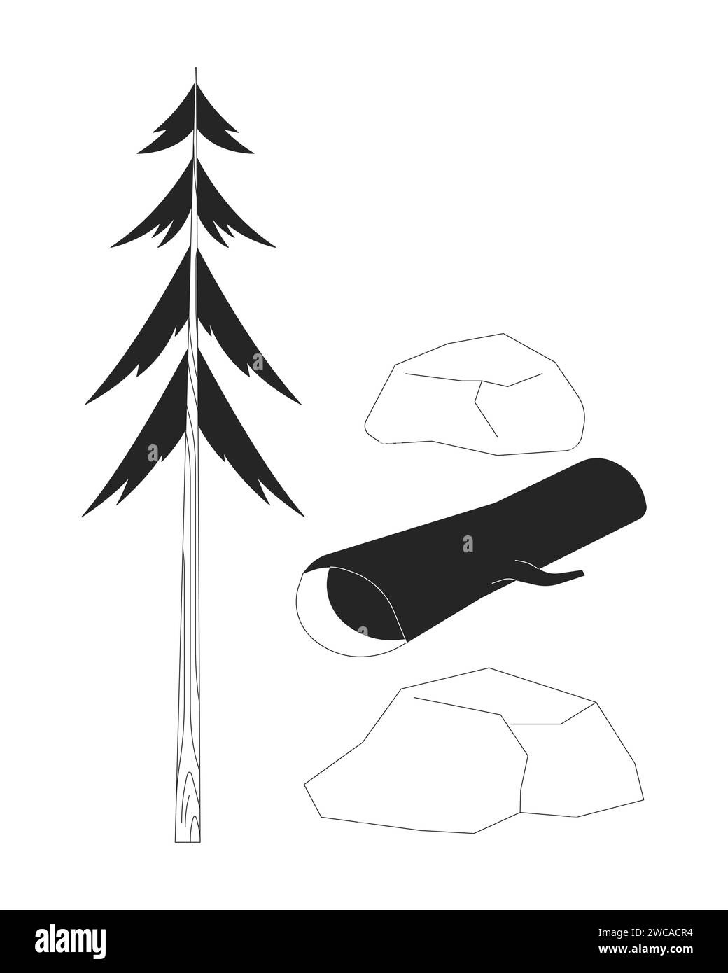 Forest trees stones black and white 2D line cartoon objects set Stock ...