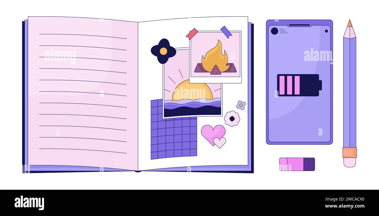 Teen Girl Notebook Smartphone 2d Linear Cartoon Objects Set Stock Vector Image And Art Alamy