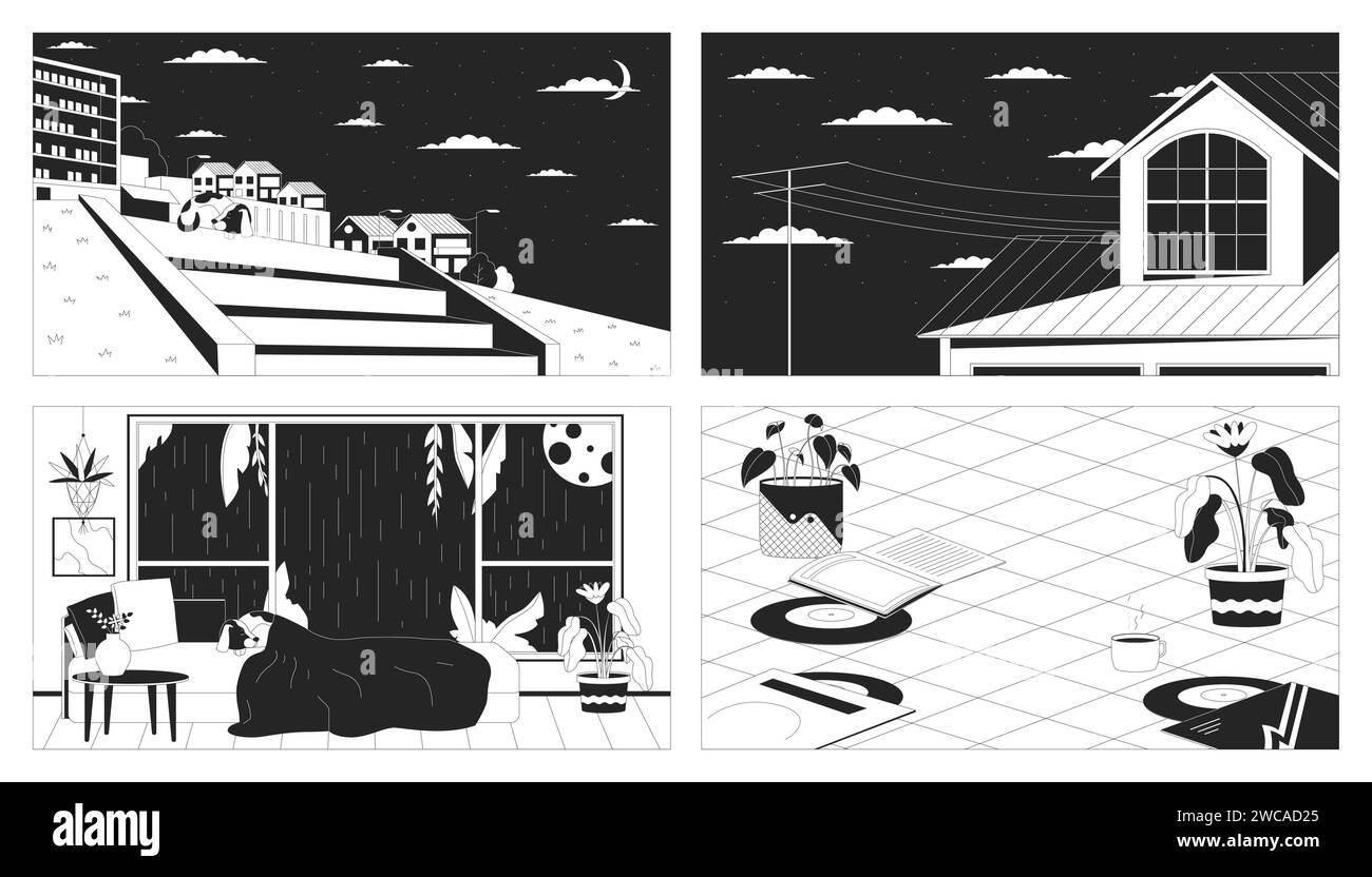 Cozy night life outline 2D cartoon backgrounds set Stock Vector Image ...