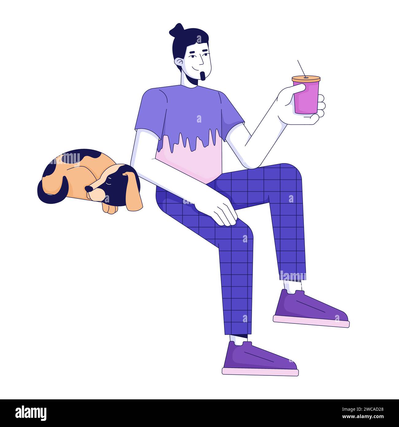 Sleeping dog and happy guy chilling with drink 2D linear cartoon ...