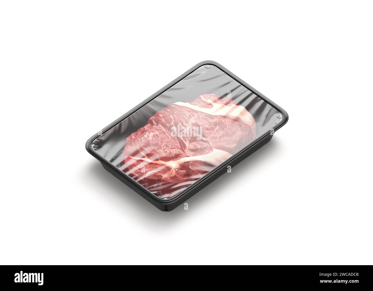 Blank transparent plastic tray with beef mockup, side view, 3d ...