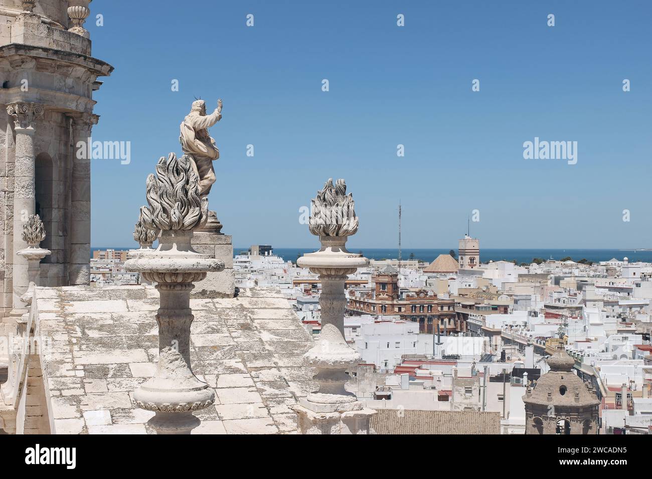 Aerial view of the Bay of Cadiz from Levante Tower, Cadiz Cathedral de ...
