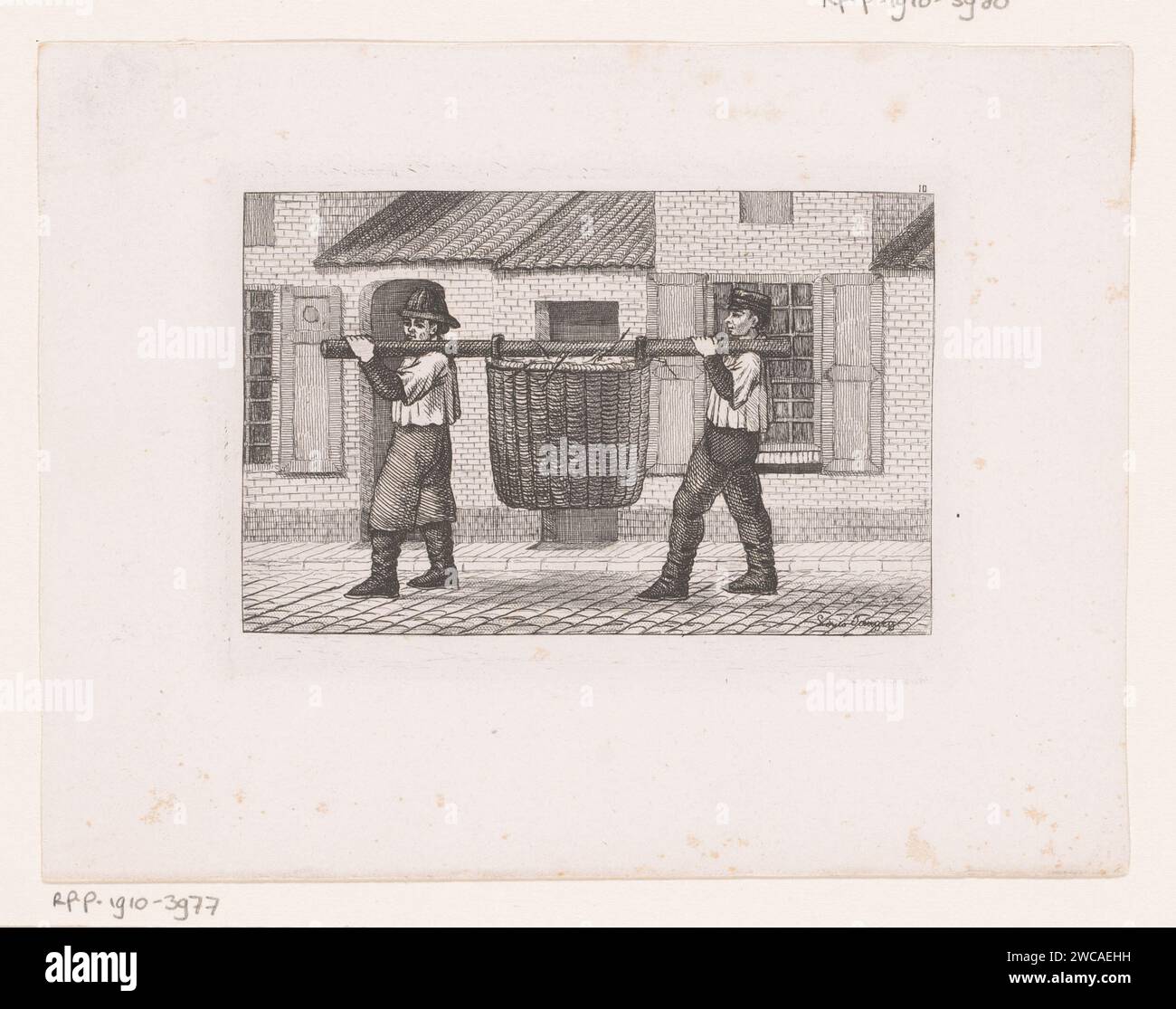 Two men wear a basket, Louis Jaugey, 1850 - 1899 print paper etching ...