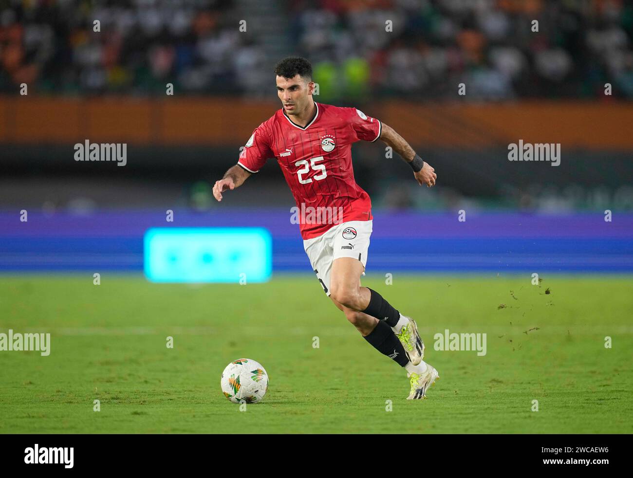 January 14 2024: Ahmed Mostafa Mohamed Sayed (Egypt) controls the ball during a African Cup of ...