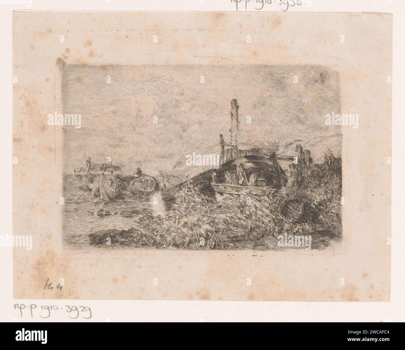 Two rowing boats on the side and a farmer with two cows, Lambert ...