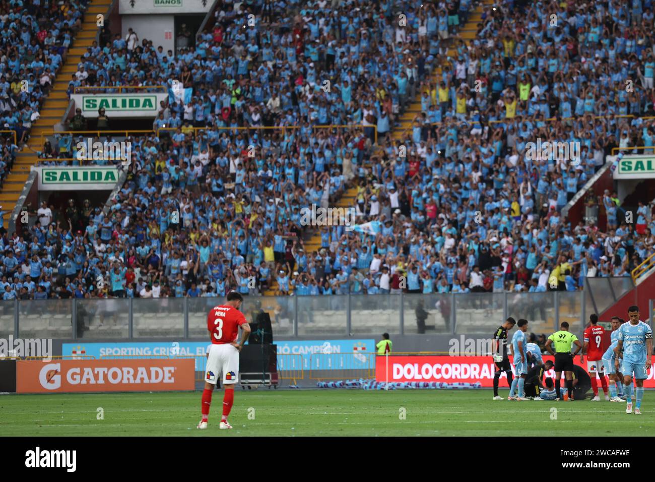 Lima, Peru. 14th Jan, 2024. Fans of Sporting Cristal making a wave ...
