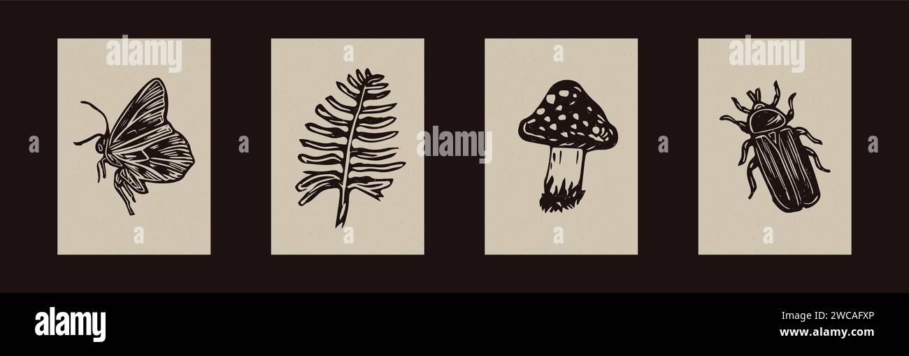 Rustic forest woodcut of folkart mushroom, fern and insect in simple ...